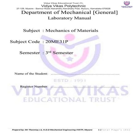 Mechanics of Machine lab manual c 20 20ME31P | PDF