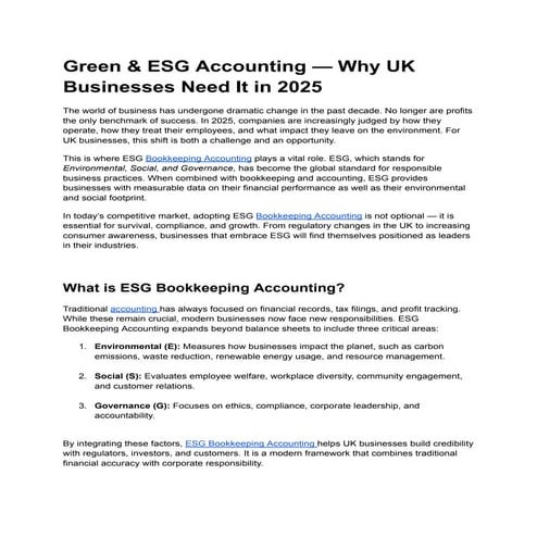 Green & ESG Bookkeeping Accounting in the UK 2025 | Why It Matters | PDF