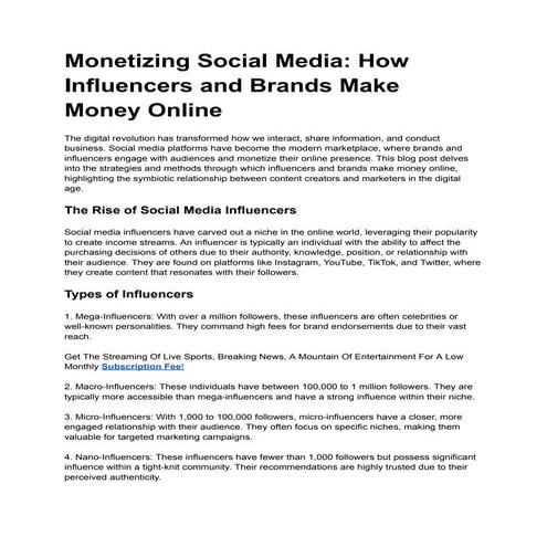 Monetizing Social Media- How Influencers and Brands Make Money Online | PDF