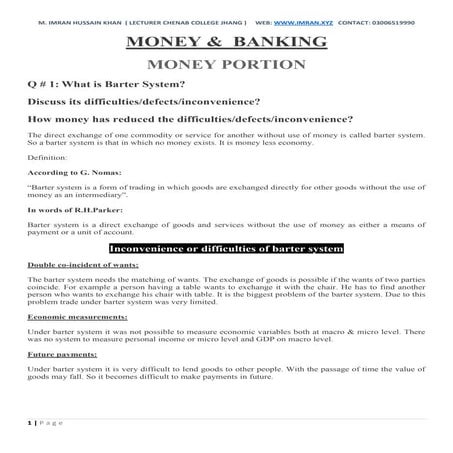 Money & banking notes for students http://www.imran.xyz
