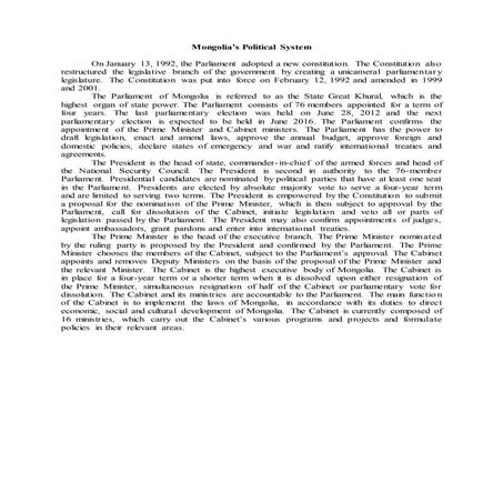 Topics of Speaking skill VII. Mongolia's political system | DOCX