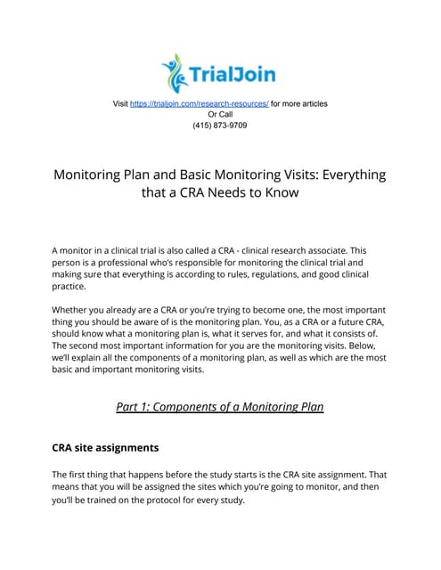 Monitoring plan and basic monitoring visits: everything that a cra ...