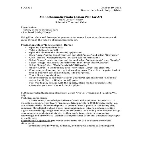 Monochromatic photo lesson plan for art | DOCX