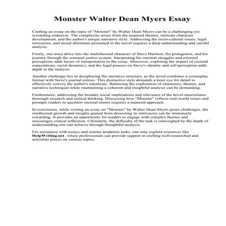 Monster Walter Dean Myers Essay. Christopher Newport University | PDF