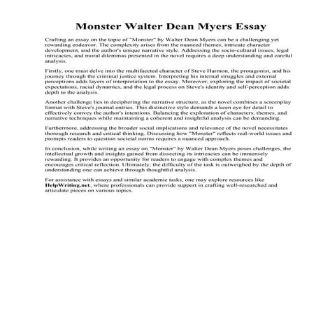 Monster Walter Dean Myers Essay. Monster by Walter Dean Myers Unit ...