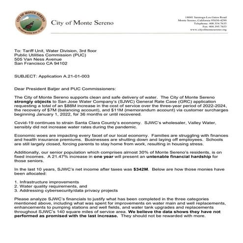 Monte Sereno Letter to CPUC | PDF