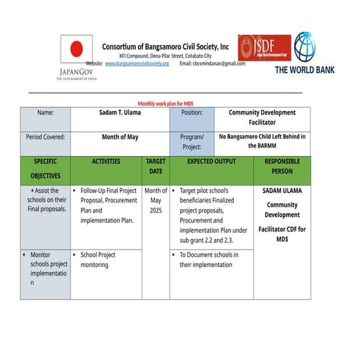 monthly-workplan-August Presentation at Bangsamoro Autonomous Region in Muslim Mindanao | DOCX