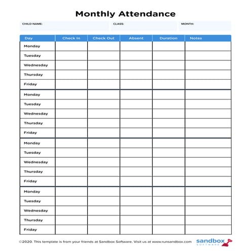 Monthly Attendance - Single Child - 5 day week | PDF