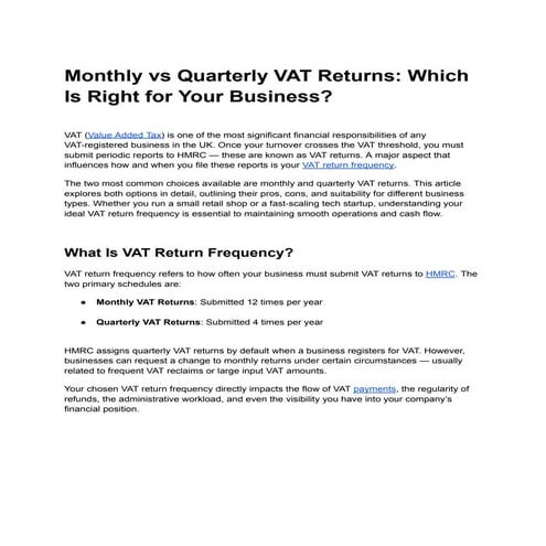 Monthly vs Quarterly VAT Returns: Choosing the Right VAT Return Frequency for Your Business | PDF