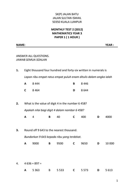 Ujian Matematik Tahun 3 Kertas 1 | DOCX