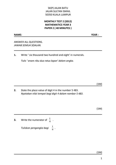 Ujian Matematik Tahun 3 Kertas 2 | DOCX