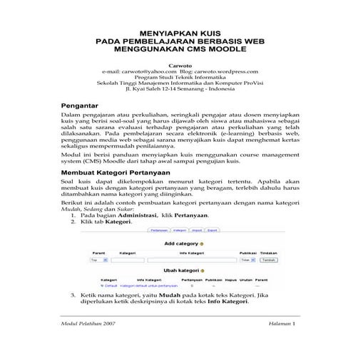 Menyiapkan Kuis pada Pembelajaran Berbasis Web Menggunakan CMS Moodle | PDF