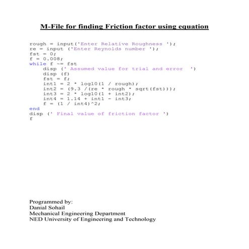 Moody chart, M-File for finding Friction factor using equation | PDF