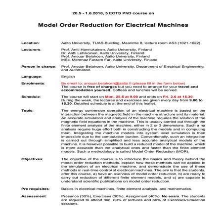 PhD Course on Model Order Reduction for Electrical Machines | PDF | Educational Assessment ...