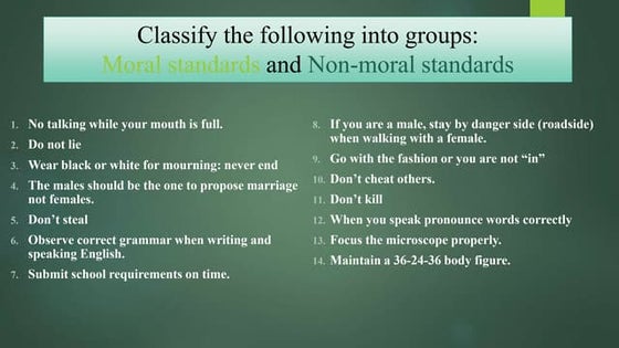 Lesson 1: Topic 1: MORAL & NON-MORAL STANDARDS | PPTX