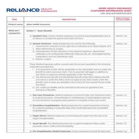 More Health Insurance Policy Wording - Reliance Health Insurance | PDF