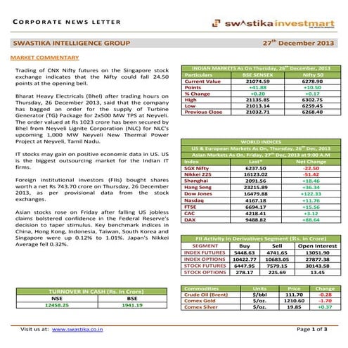 Morning Stock Market Newsletter 27th December 2013 | PDF