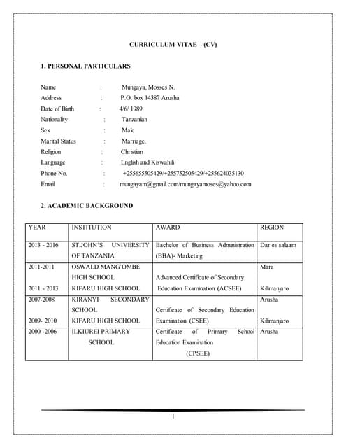 Curriculum Vitae Sample Format | PDF