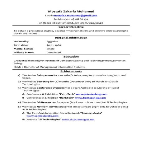 Mostafa Zakaria Mohamed - CV | PDF | Technology & Computing