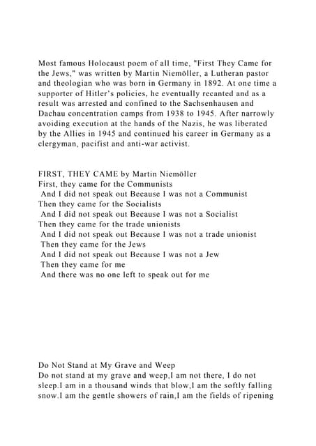 Most Famous Holocaust Poem Of All Time First They Came For The Jdocx