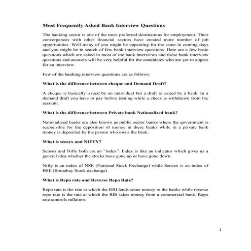 Most frequently asked bank interview questions | DOC