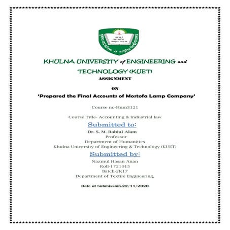 ‘Prepared the Final Accounts of Mostofa Lamp Company’ | PDF