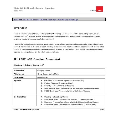 Organizational JAD Session Workshops - Agenda | DOC