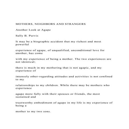 MOTHERS, NEIGHBORS AND STRANGERS Another Look at Agape .docx