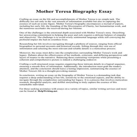 Mother Teresa Biography Essay. Madonna University US | PDF