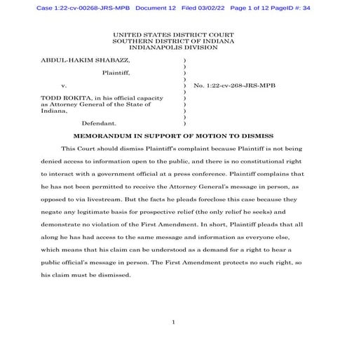 Rokita Files Motion to Dismiss Indy Politics Lawsuit | PDF