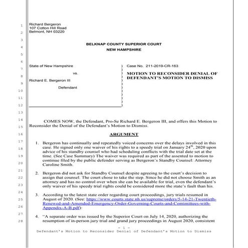 Motion to Reconsider Denial of Motion to Dismiss on Speedy Trial Grounds | PDF