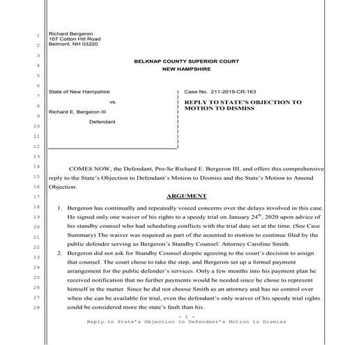 Defendant's Reply to State's Objection to Motion to Dismiss (Speedy ...