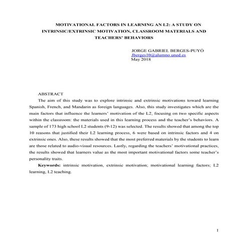 Motivational factors in learning an L2. A study on intrinsic/extrinsic motivation, classroom ...