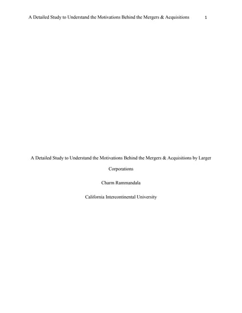 A Research Proposal - Motivation Behind Mergers - A Case Study | PDF