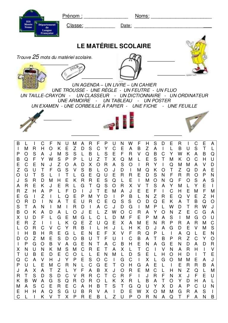 Mots mêlés "Matériel scolaire"