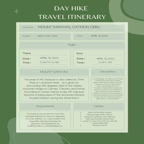 day hike itinerary. mount kapayas, catmon | PDF
