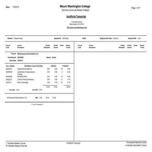 Mount Washington College Transcript of Deepak (Danny) Singh | PDF