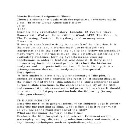 Movie Review Assignment SheetChoose a movie that deals with the t.docx