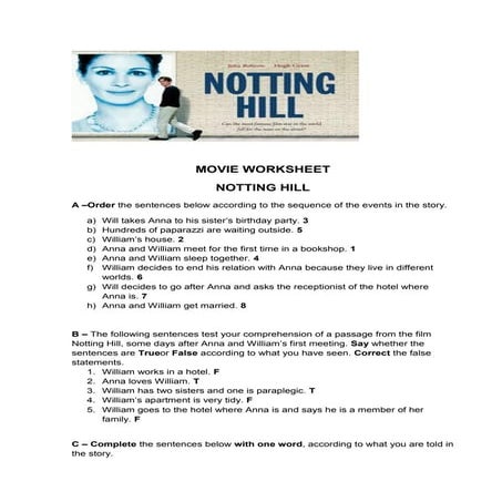 Movie worksheet notting hill lorenna | PDF