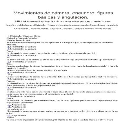 Movimientos de cámara, encuadre, figuras básicas y angulación. | PDF