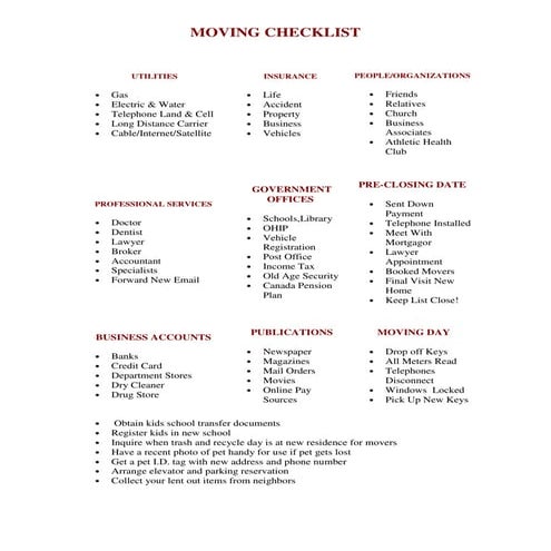 Home Shifting Checklist | PPS