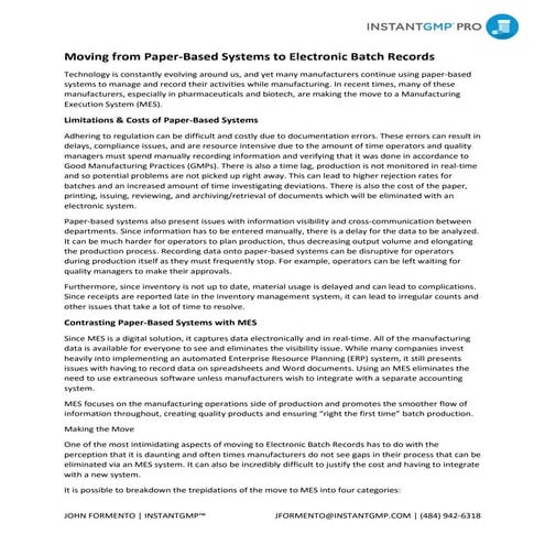 Moving From Paper-Based Systems to Electronic Batch Records ...