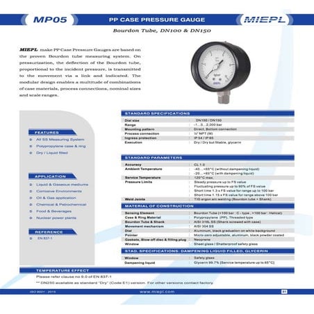 MP05 PP Case Pressure Gauge - Bourdon Tube, Dn100 & Dn150 | Miepl | PDF