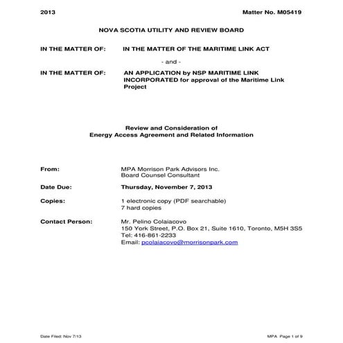 NSURB - Maritime Link Project Exhibit M140- MPA Supplmental Report | PDF