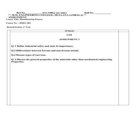 MP ASSIGNMENT on unit 1 industrial safety and materials | DOC