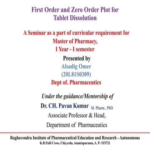 First Order and Zero Order Plot for Tablet Dissolution | PPTX