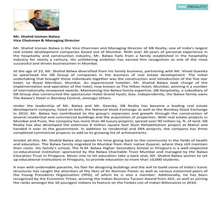 DB Realty - Mr.shahid balwa Vice Chairman & Managing Director | PDF