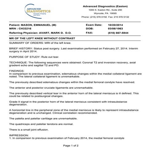 Statim healthcare MRI Sample Reports | PDF