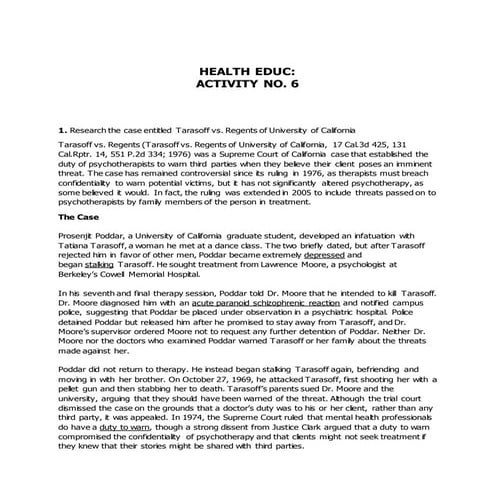 Tarasoff Case | DOCX
