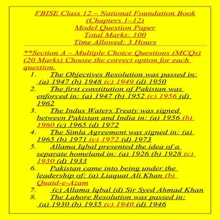 Ms.SajjdaLodhi Notes Based onFBISE Class 12 paper pattern solved a ...